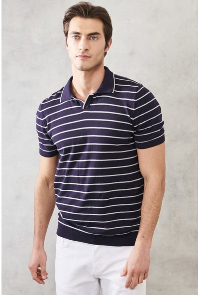 Altınyıldız Classics Erkek Lacivert Standart Fit Polo Yaka %100 Pamuk Çizgili Triko Tişört Altınyıldız Classics Erkek Lacivert Standart Fit Polo Yaka %100 Pamuk Çizgili Triko Tişört