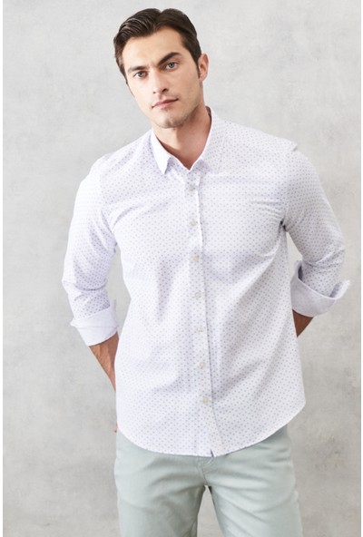 AC&Co / Altınyıldız Classics Erkek Beyaz-Haki Slim Fit Dar Kesim Düğmeli Yaka Baskılı Casual Gömlek AC&Co / Altınyıldız Classics Erkek Beyaz-Haki Slim Fit Dar Kesim Düğmeli Yaka Baskılı Casual Gömlek