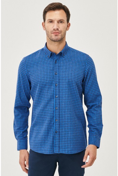 Ac&Co / Altınyıldız Classics Erkek Saks-Lacı Slim Fit Dar Kesim Düğmeli Yaka Flanel Oduncu Gömlek Ac&Co / Altınyıldız Classics Erkek Saks-Lacı Slim Fit Dar Kesim Düğmeli Yaka Flanel Oduncu Gömlek