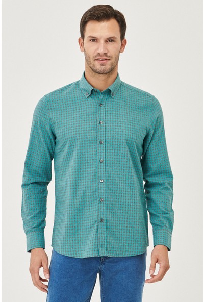AC&Co / Altınyıldız Classics Erkek TURKUAZ-GRI Slim Fit Dar Kesim Düğmeli Yaka Flanel Oduncu Gömlek AC&Co / Altınyıldız Classics Erkek TURKUAZ-GRI Slim Fit Dar Kesim Düğmeli Yaka Flanel Oduncu Gömlek