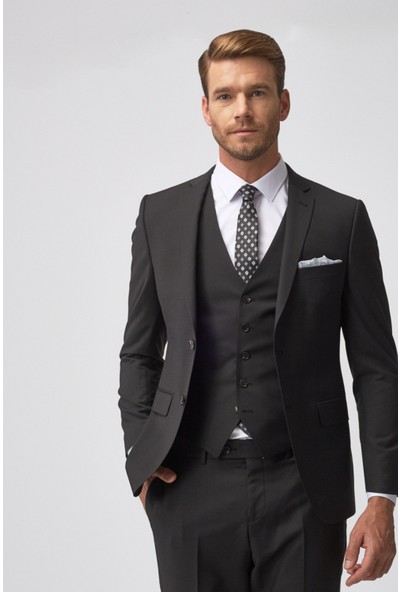 ALTINYILDIZ CLASSICS Erkek Siyah Slim Fit Dar Kesim Düz Siyah Su Geçirmez Yelekli Nano Takım Elbise ALTINYILDIZ CLASSICS Erkek Siyah Slim Fit Dar Kesim Düz Siyah Su Geçirmez Yelekli Nano Takım Elbise