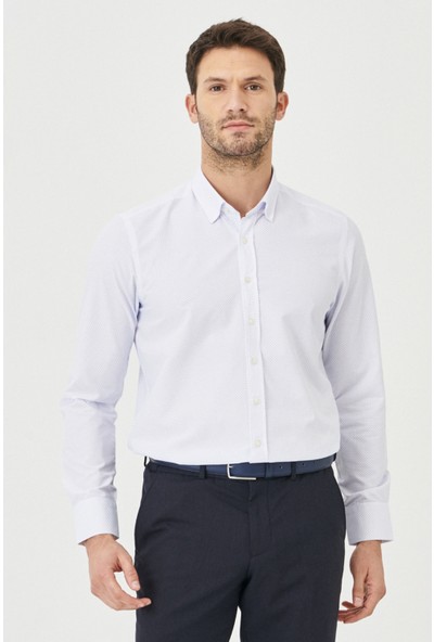 Ac&Co / Altınyıldız Classics Erkek Beyaz-Mavi Slim Fit Dar Kesim Düğmeli Yaka Baskılı Gömlek Ac&Co / Altınyıldız Classics Erkek Beyaz-Mavi Slim Fit Dar Kesim Düğmeli Yaka Baskılı Gömlek
