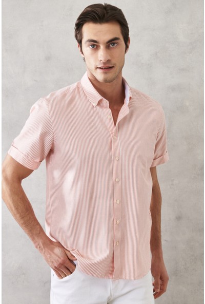 ALTINYILDIZ CLASSICS Erkek BEYAZ TURUNCU Slim Fit Dar Kesim Düğmeli Yaka Çizgili Gömlek ALTINYILDIZ CLASSICS Erkek BEYAZ TURUNCU Slim Fit Dar Kesim Düğmeli Yaka Çizgili Gömlek