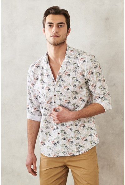 Altınyıldız Classics Erkek Beyaz-Haki Slim Fit Dar Kesim Mono Yaka %100 Pamuk Baskılı Uzun Kollu Gömlek Altınyıldız Classics Erkek Beyaz-Haki Slim Fit Dar Kesim Mono Yaka %100 Pamuk Baskılı Uzun Kollu Gömlek