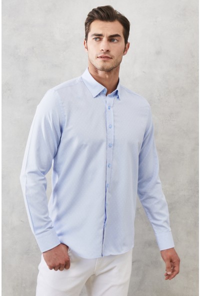 ALTINYILDIZ CLASSICS Erkek Açık Mavi Slim Fit Dar Kesim Düğmeli Yaka Armürlü Uzun Kollu Gömlek ALTINYILDIZ CLASSICS Erkek Açık Mavi Slim Fit Dar Kesim Düğmeli Yaka Armürlü Uzun Kollu Gömlek
