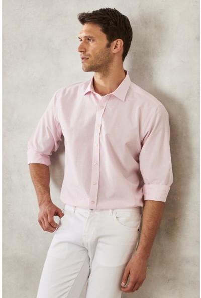 Ac&Co / Altınyıldız Classics Erkek Beyaz-Pembe Comfort Fit Rahat Kesim Çizgili Klasik Uzun Kollu Gömlek Ac&Co / Altınyıldız Classics Erkek Beyaz-Pembe Comfort Fit Rahat Kesim Çizgili Klasik Uzun Kollu Gömlek