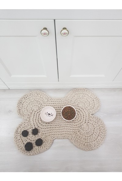 Ege Örgüm Kedi Beslenme Paspası El Örgüsü Bej Renk 50X35 cm