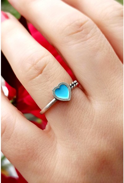 Fildişi Aksesuar Antik Gümüş Kaplama Mineli Kalp Şekilli El Yapımı Ayarlanabilir Kadın Yüzük