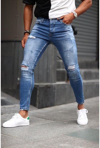 Bpm Erkek Slimfit Yırtıklı Mavi Kot Pantolon