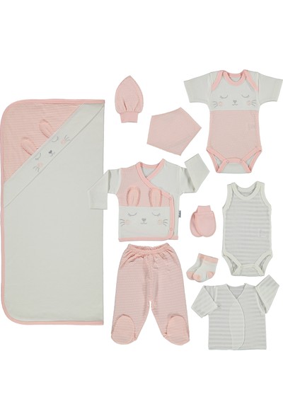 Bebelinna Yenidoğan Kız Bebek Tavşan Desenli Lüx Hastane Çıkışı 10'lu Zıbın Set %100 Pamuklu 6228A1