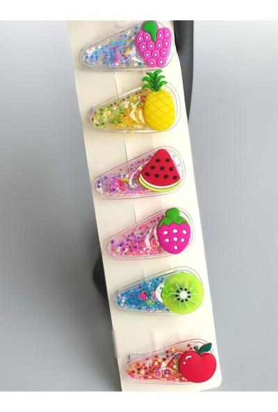 6'lı Metal Pensli Parlak Sim Pullu Meyveli Çocuk Toka Seti