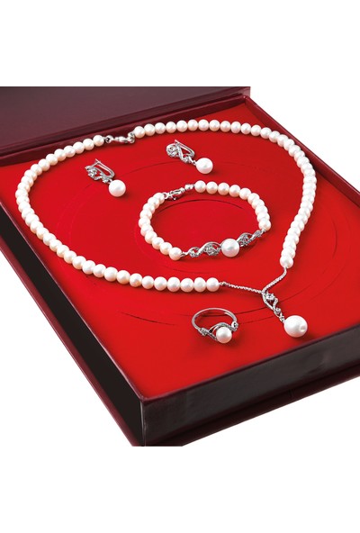 Chavin İnci Gümüş Kolye Küpe Bileklik Yüzük Takım, Set Ds41