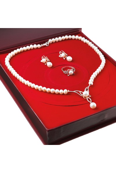 Chavin İnci Rose Gümüş Kolye Küpe Yüzük Takım, Set Ds44