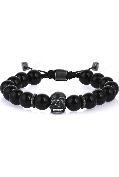 Sanroza S14 Oniks Taşlı Kuru Kafa Unisex Gümüş Bileklik