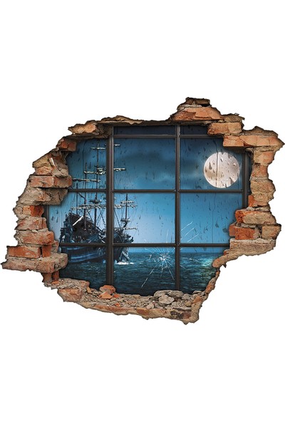 Renkselart Deniz, Gemi Ve Kırık Cam 3D Görünümlü Duvar Sticker