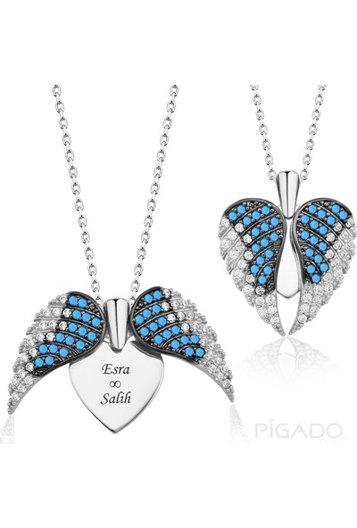 Pigado İsme Özel 925 Gümüş Turkuaz Aşkın Kanatları Kolye