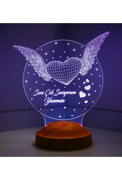Kişiye Özel 3D Led Lamba Kanatlı Kalp Kişiye Özel 3D Led Lamba Kanatlı Kalp