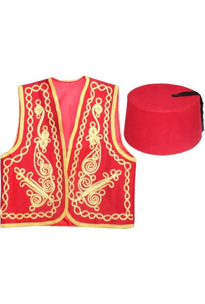 Kına Atölyesi Osmanlı İşlemeli Kırmızı Yelek Damat Fes Set Kına Malzemeleri