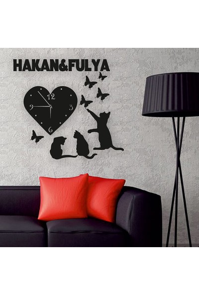 Olur O Zaman Kişiye Özel Kedi Figürlü Kalpli Dekoratif Duvar Saati