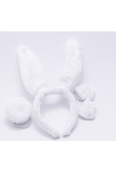 Samur Pofuduk Papyonlu Ve Ponponlu Tavşan Taç Set Beyaz Samur Pofuduk Papyonlu Ve Ponponlu Tavşan Taç Set Beyaz