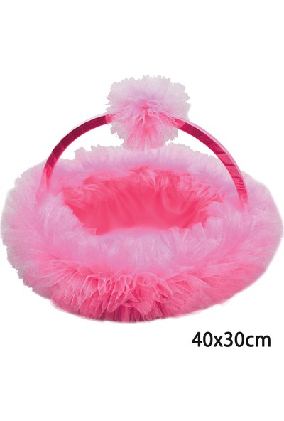 Can Çok Amaçlı Tutmalı Tüllü Pon Ponlu Sepet Pembe (30cm*40cm) Can Çok Amaçlı Tutmalı Tüllü Pon Ponlu Sepet Pembe (30cm*40cm)
