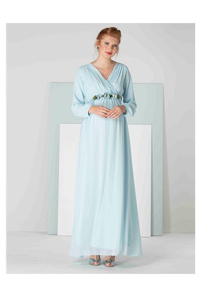 Işşıl Hamile Şakayık Kemer Uzun Kol Şifon Elbise