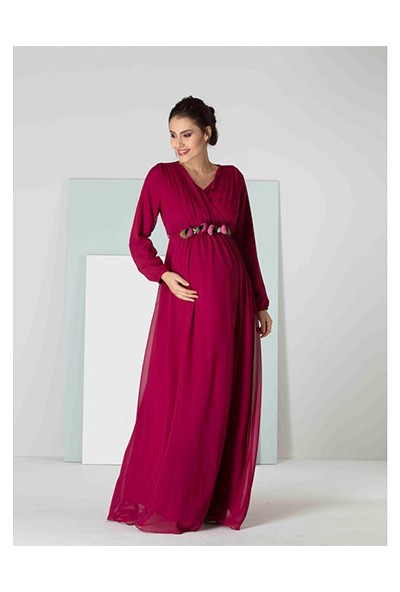 Işşıl Hamile Şakayık Kemer Uzun Kol Şifon Elbise