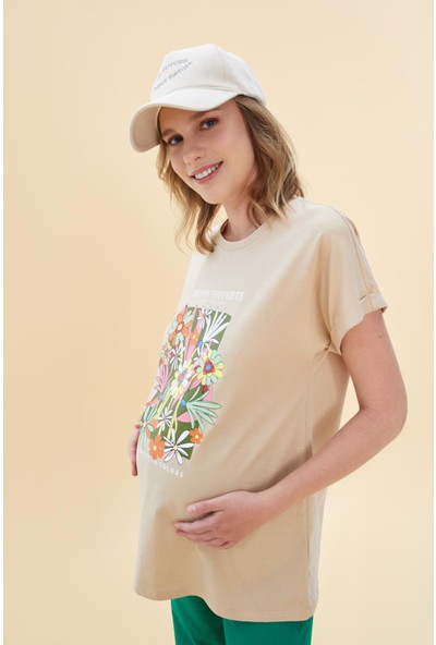 DeFacto Regular Fit Bisiklet Yaka Baskılı Kısa Kollu Hamile Tişört X5489AZ22SM