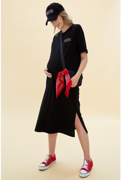 DeFacto Regular Fit Bisiklet Yaka Yırtmaç Detaylı Hamile Elbise X5990AZ22SM