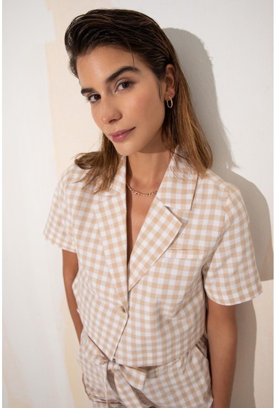 DeFacto Crop Pötikareli Kısa Kollu Pamuklu Blazer Ceket X6371AZ22SM DeFacto Crop Pötikareli Kısa Kollu Pamuklu Blazer Ceket X6371AZ22SM