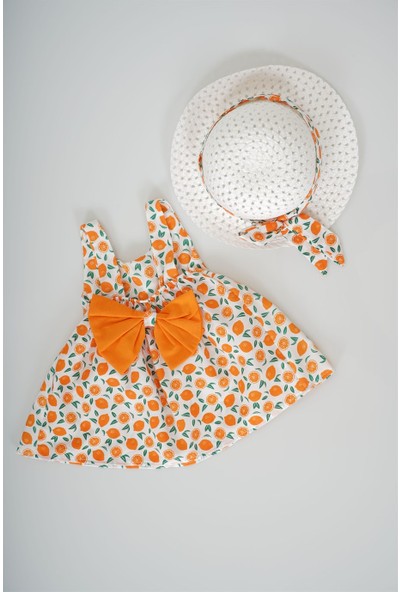 Miniko Kids Kız Bebek Limon Kiraz Portakal Desenli Hasır Şapkalı Elbise