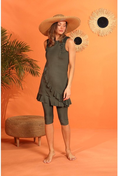 Marina Haki Kadın Volanlı Tasarım Detaylı Yarı Kapalı Mayo M2204