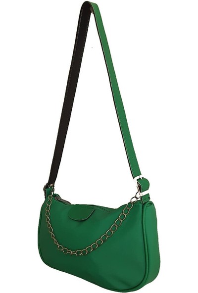Kadın Yeşil Zincirli Saten Kumaş Baget El ve Omuz Çanta Kadın Yeşil Zincirli Saten Kumaş Baget El ve Omuz Çanta