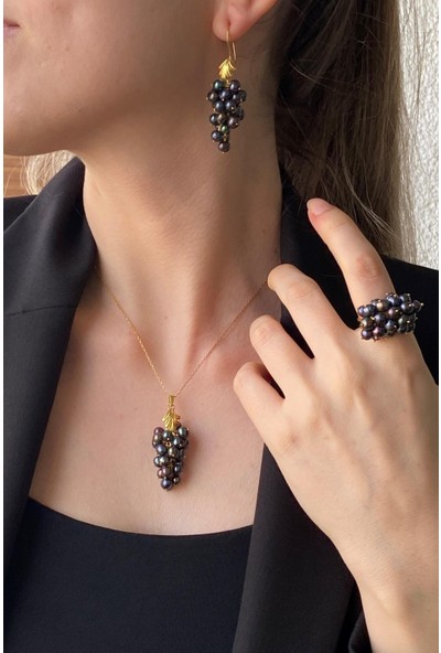 BIRINCI1926 14 Ayar Yeşil Altın Kadın Siyah Üzüm Salkım Inci Set BIRINCI1926 14 Ayar Yeşil Altın Kadın Siyah Üzüm Salkım Inci Set