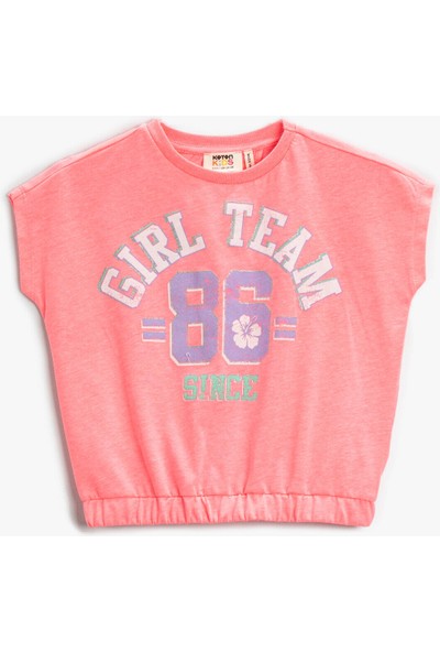 Koton Baskılı Crop Tişört Bisiklet Yaka Beli Lastikli Pamuklu Koton Baskılı Crop Tişört Bisiklet Yaka Beli Lastikli Pamuklu