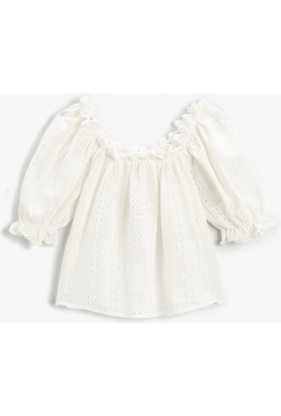 Koton Düşük Omuz Balon Kollu Bluz Nakış Detaylı Pamuklu