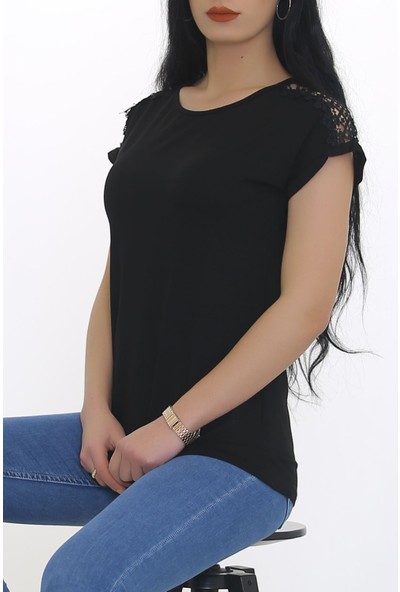 Karazona Kadın Omuz Dantelli Bluz Siyah KZDN1342