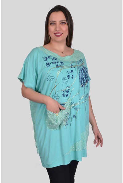 Sude Svp Cep Detaylı Desenli Kısa Kol Yeşil Penye Tunik 3252