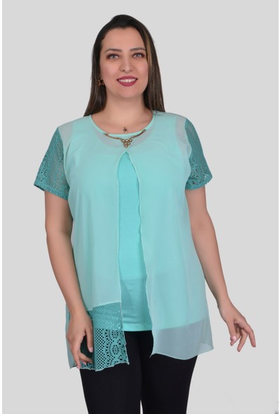 Svp Şifon Dantel Detaylı Kısa Kol Yeşil Tunik 3323