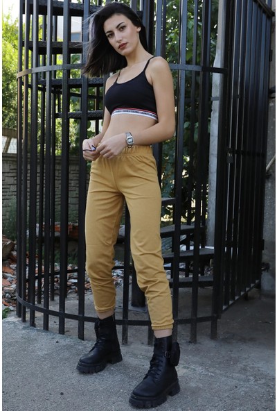 Karazona Kadın Bel Paça Lastikli Eşofman Altı Hardal KZDN1824