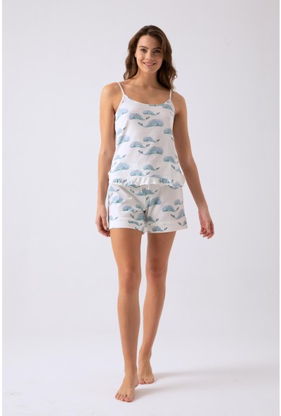 Hays Kadın Balina Baskılı Fırfır Detaylı Ip Askılı Şortlu Pijama Takımı