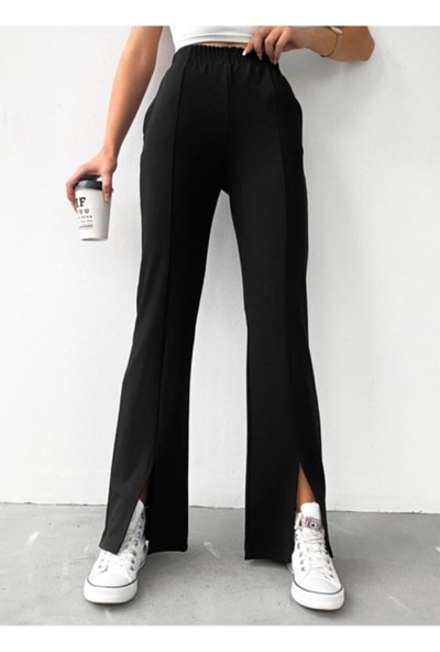 Style Savor Kadın Siyah Paça Yırtmaç Detaylı Rahat Kesim Örme Kumaş Pantolon
