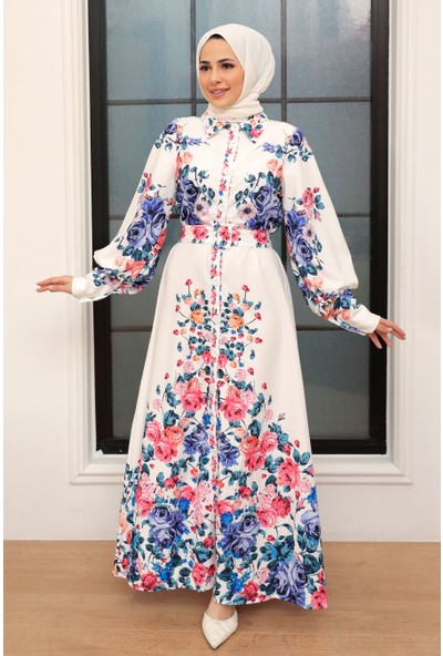 Neva Style - Çiçek Desenli Tesettür Atlas Elbise 21251DSN Neva Style - Çiçek Desenli Tesettür Atlas Elbise 21251DSN