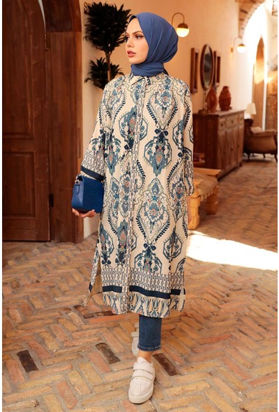 Neva Style - Etnik Desenli Indigo Mavisi Tesettür Tunik 226045IM