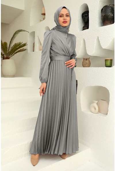 Neva Style Tesettürlü Abiye Elbise - Saten Gri Tesettür Abiye Elbise 3452GR