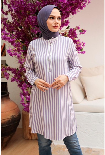 Neva Style - Çizgili Lila Tesettür Tunik 1165LILA