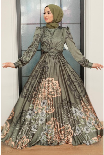 Neva Style Tesettürlü Abiye Elbise - Desenli Saten Haki Tesettür Abiye Elbise 3432HK Neva Style Tesettürlü Abiye Elbise - Desenli Saten Haki Tesettür Abiye Elbise 3432HK
