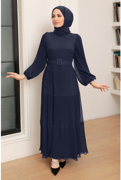 Neva Style - Kemerli Lacivert Tesettür Elbise 3590L Neva Style - Kemerli Lacivert Tesettür Elbise 3590L