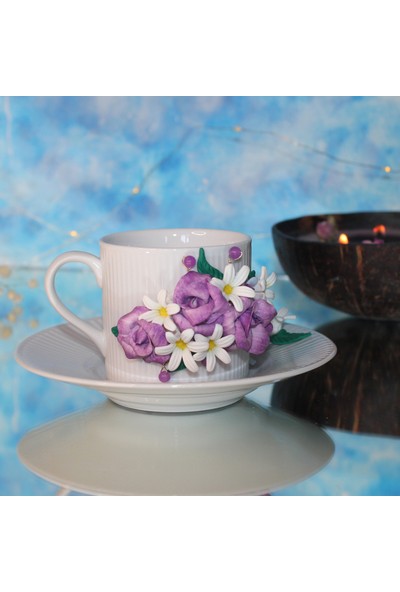 Meow Art Design Mor Gül ve Papatya Kahve Fincanı