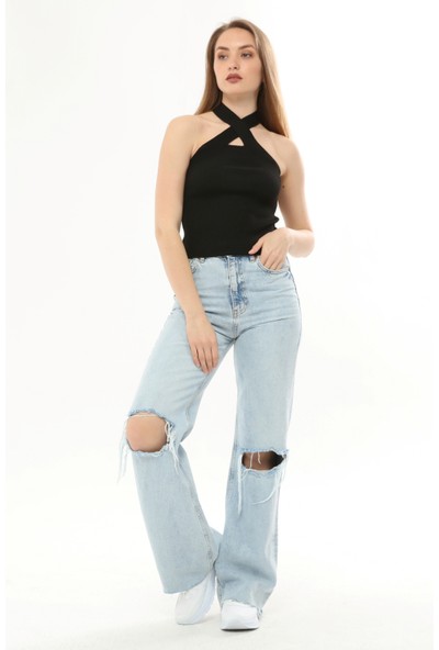 Modaleria Siyah Çapraz Fitilli Likralı Super Örme Atlet Modaleria Siyah Çapraz Fitilli Likralı Super Örme Atlet